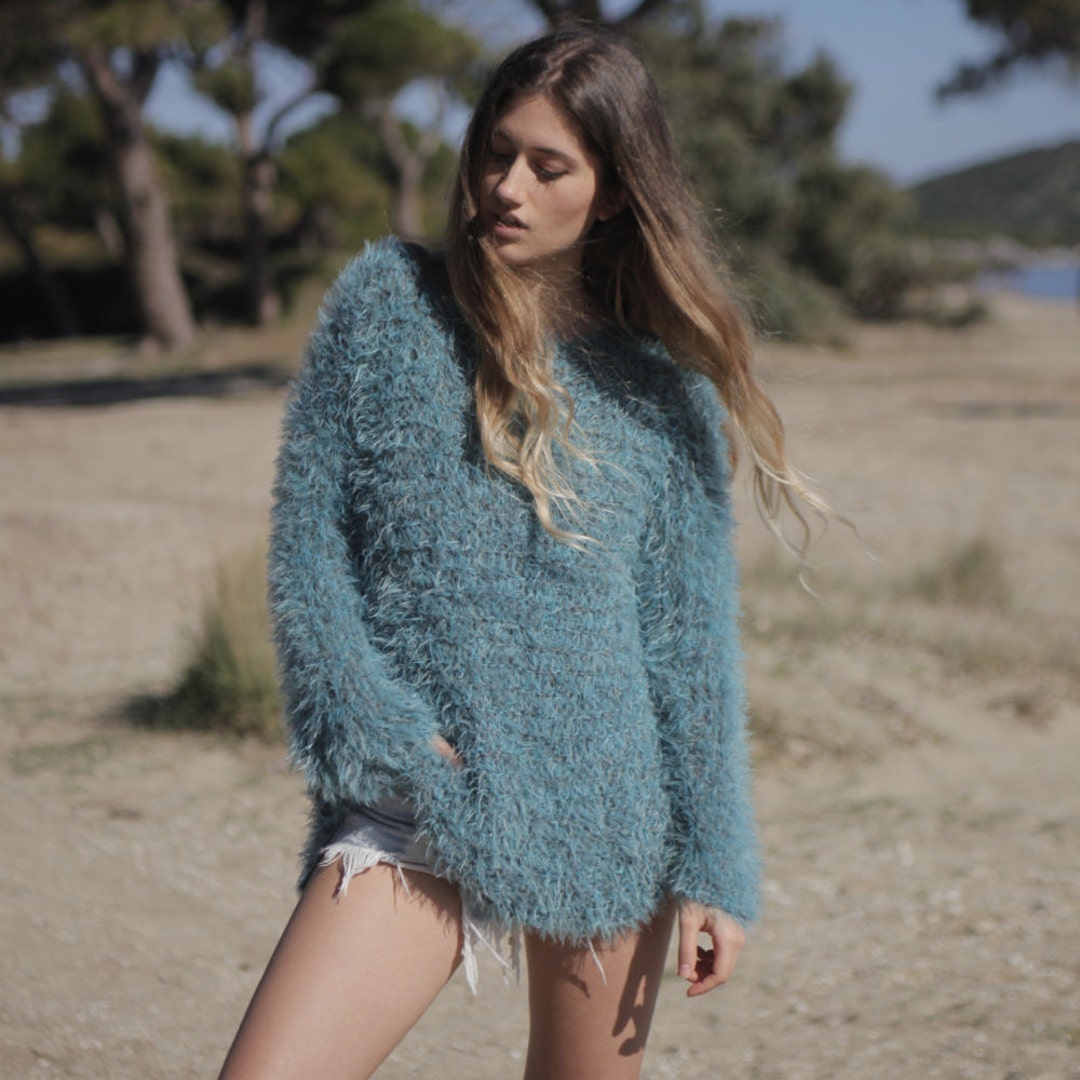 Women's Slate Blue Faux Fur Sweater, Chunky Over-sized Slouchy Jumper ...