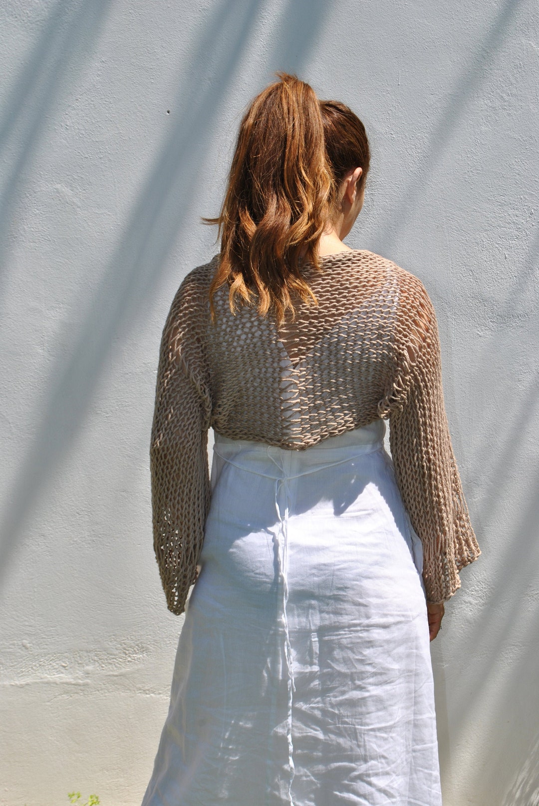 Beige Long Sleeve Cotton Shrug, Hand Knit Bolero, Vegan Shrug, Crop ...