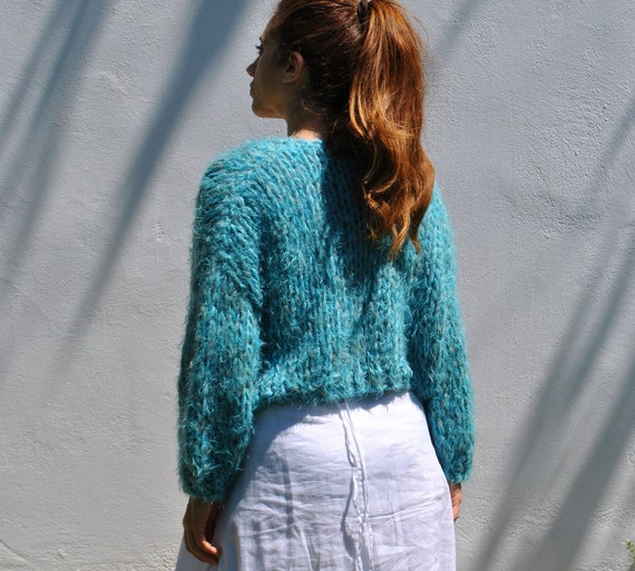 Crop Mohair Cardigan, Lavender Loose Fit Sweater With Puffy Crop Mohair Cardigan, Lavender Loose Fit Sweater With Puffy