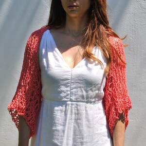 Coral Summer Shrug, Chunky Cotton, Shear Bolero, Hand Knitted Sleeves ...