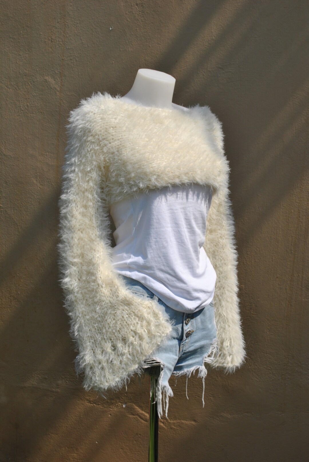 Ivory Cropped Sweater, Faux Fur Hand-knit Ivory Lacey Flare Sleeve ...