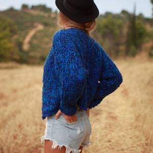 Blue Hand Knit Cardigan, Royal Blue Cardigan, Chunky Knit Jacket ...