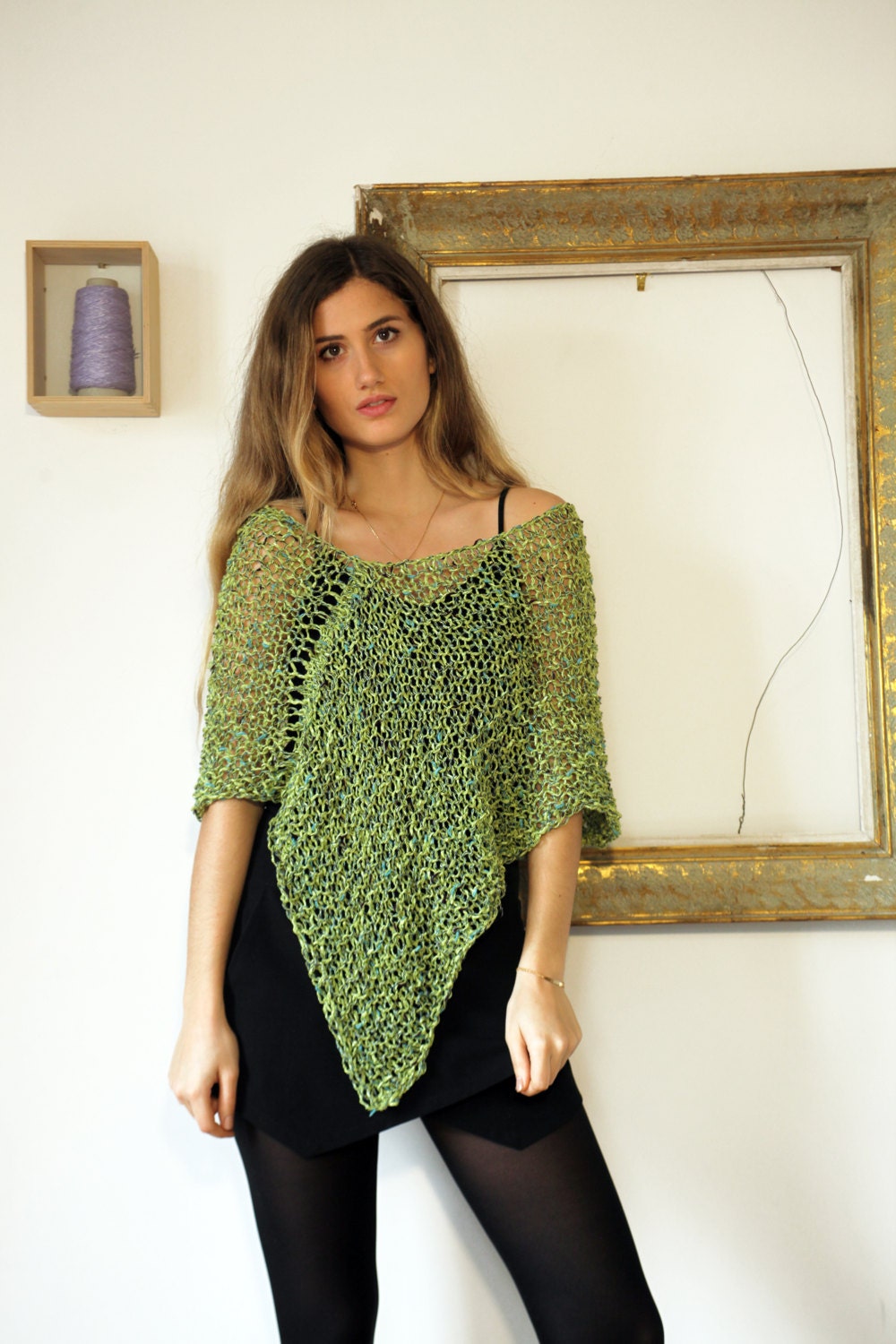 Green Poncho, Handknit Womens Viscose Poncho, Lime Green Shrug, Summer ...