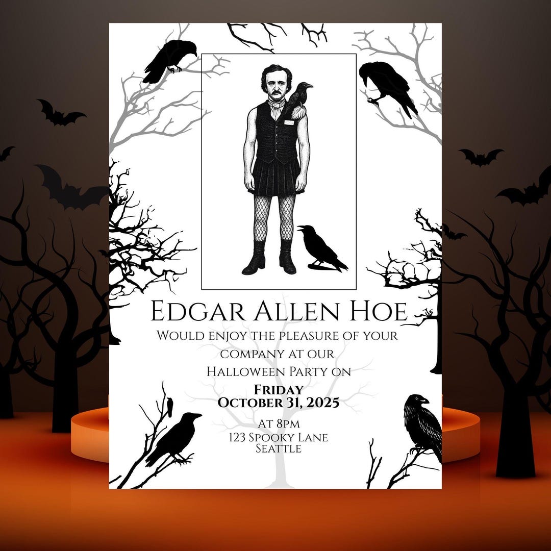 Editable Canva Halloween Party Invitation | Edgar Allen Hoe Funny ...