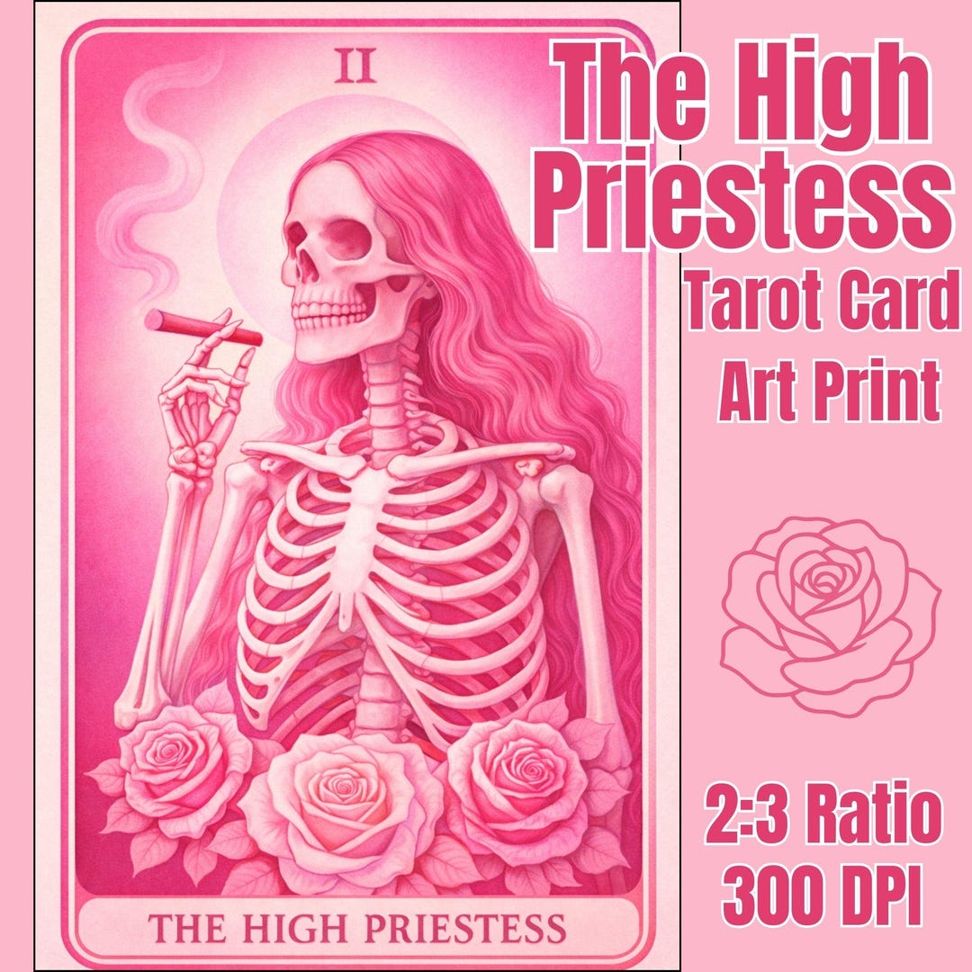The High Priestess Tarot Card Print | Pink Gothic Skeleton Art | Witchy ...