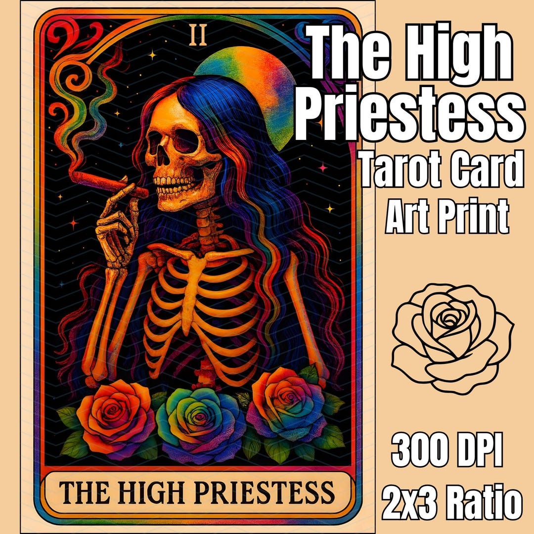 The High Priestess Tarot Card Art Print - Psychedelic Skeleton, Witchy ...