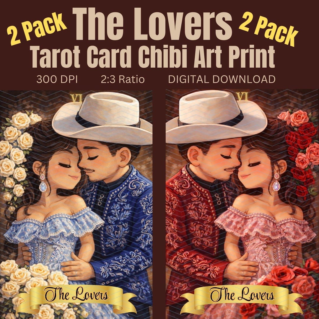 The Lovers Tarot Card Printable Bundle (2 Pack) | Chibi Couple Art ...