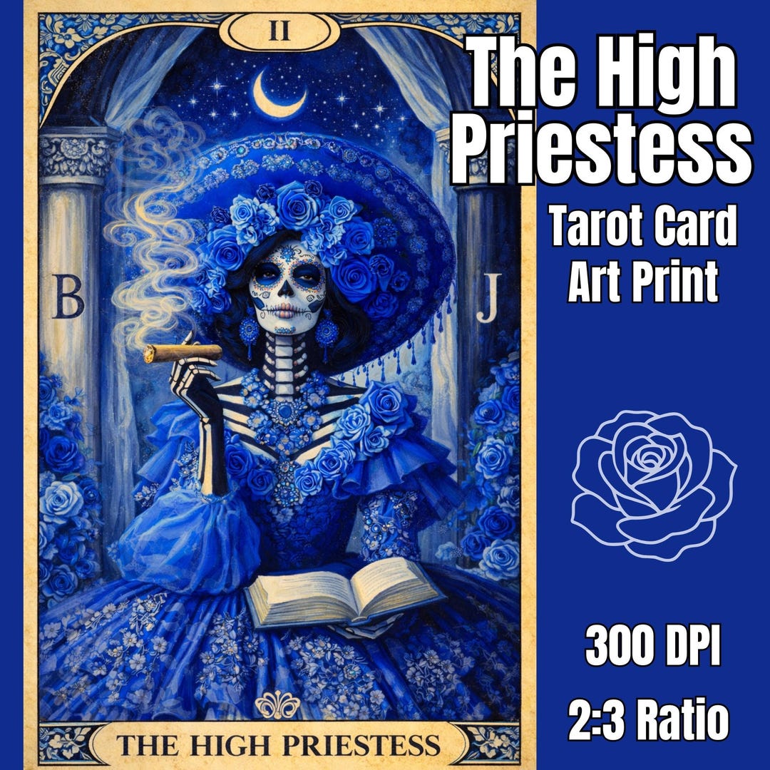 The High Priestess Tarot Card Print | Blue Gothic Skeleton Art | Witchy ...