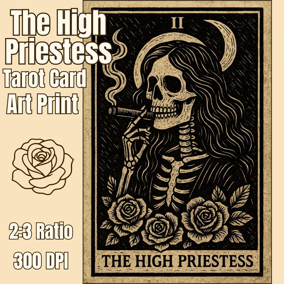 The High Priestess Tarot Card Art Print – Gothic Woodcut Skeleton ...