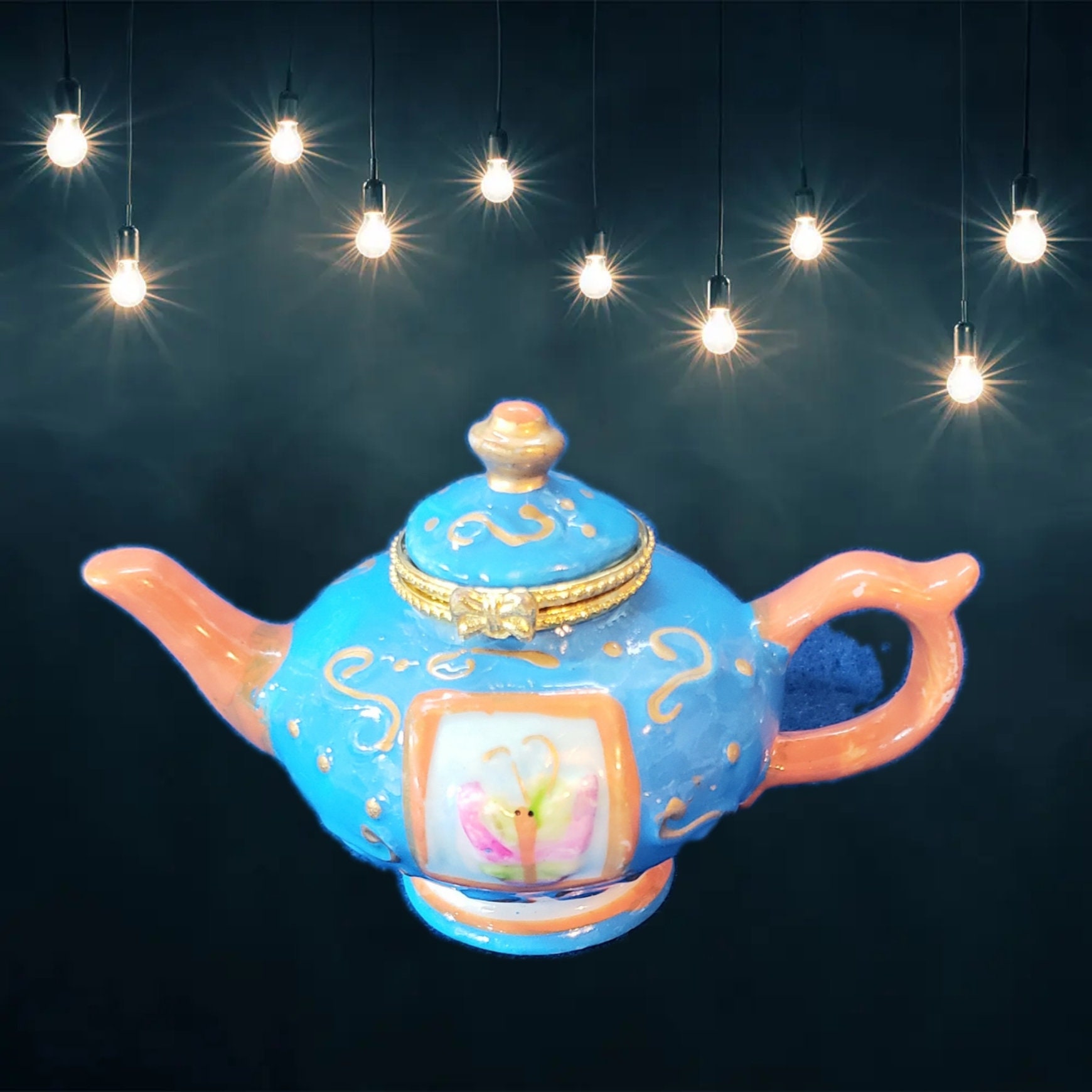 Vintage Genie Lamp Teapot Trinket Box Blue Gold Butterfly - Etsy