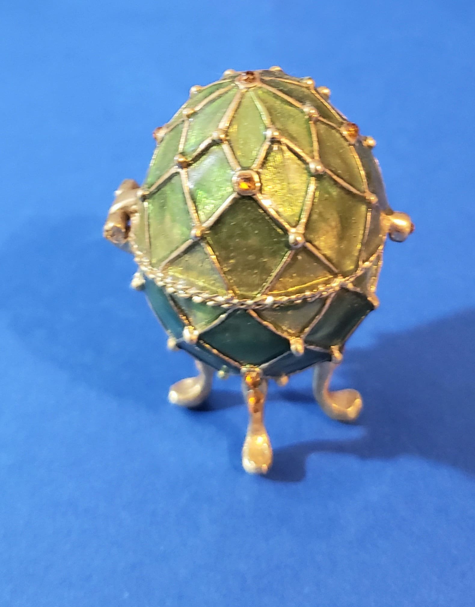 Vintage Monet Green Gold Enamel Crown Egg Footed Trinket Box Magnetized ...