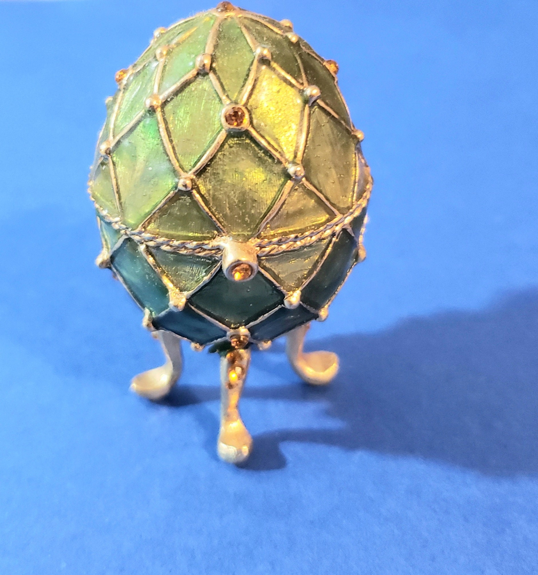 Vintage Monet Green Gold Enamel Crown Egg Footed Trinket Box Magnetized ...