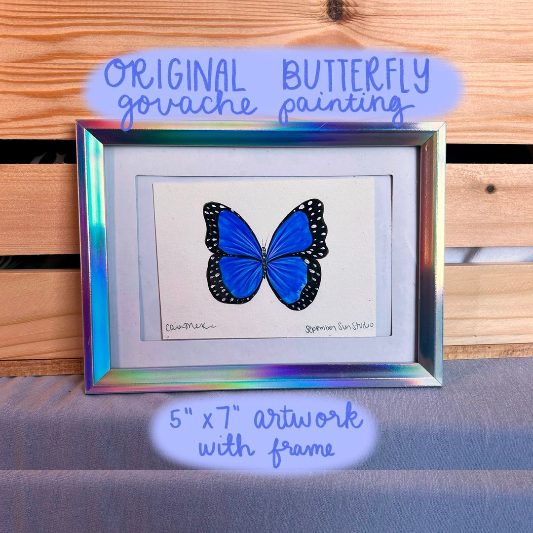 Original Gouache Painting Blue Butterfly on Paper in Holographic Frame ...
