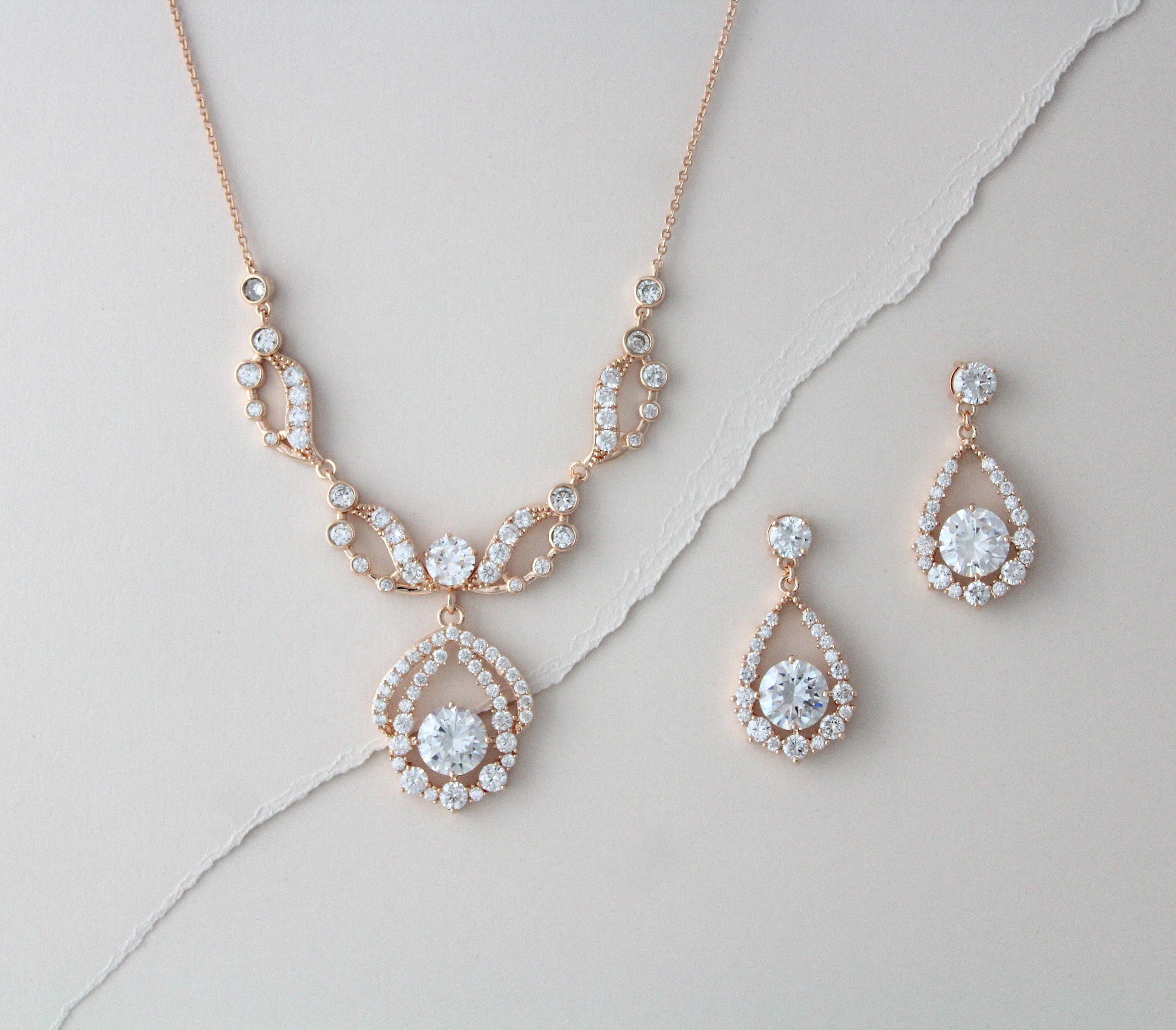 Rose Gold Necklace And Earring Set Bridal Jewelry Set Vintage Etsy