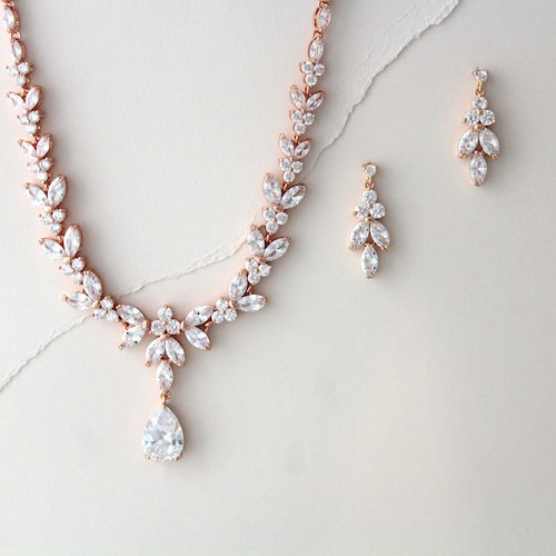 Rose Gold Necklace Set Bridal Necklace and Earring Set Wedding - Etsy