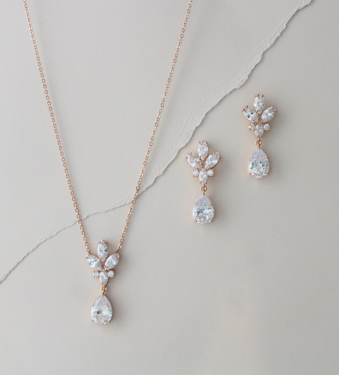 Rose Gold Necklace Set Bridal Jewelry Rose Gold Bridal Earrings ...