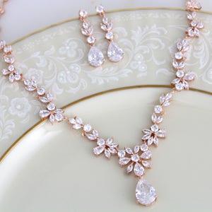 Rose Gold Necklace Set Bridal Necklace and Earring Set Wedding Jewelry ...