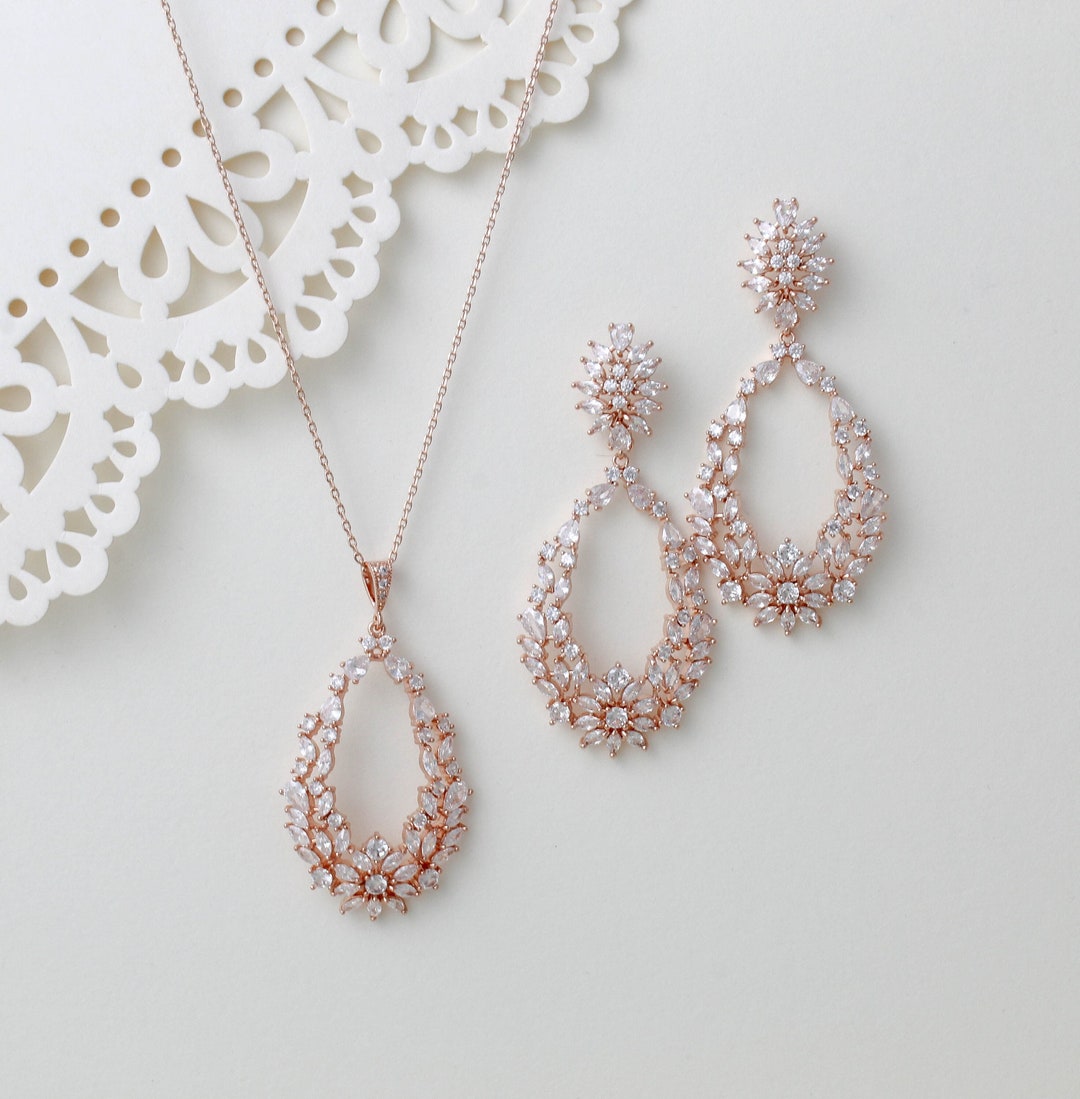 Rose Gold Jewelry Set, Rose Gold Bridal Earrings and Necklace, Bridal ...