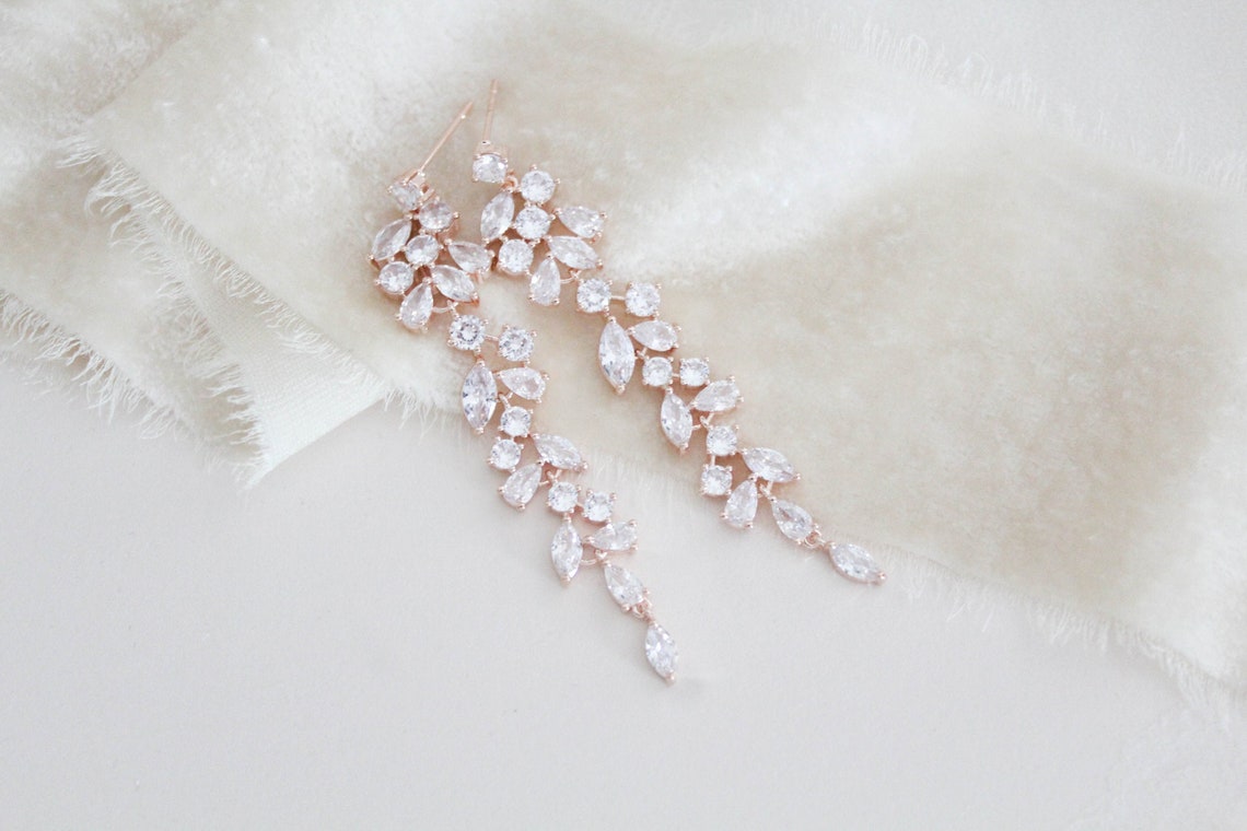 Long Rose Gold Earrings Dainty Bridal Earrings Bridal Jewelry | Etsy