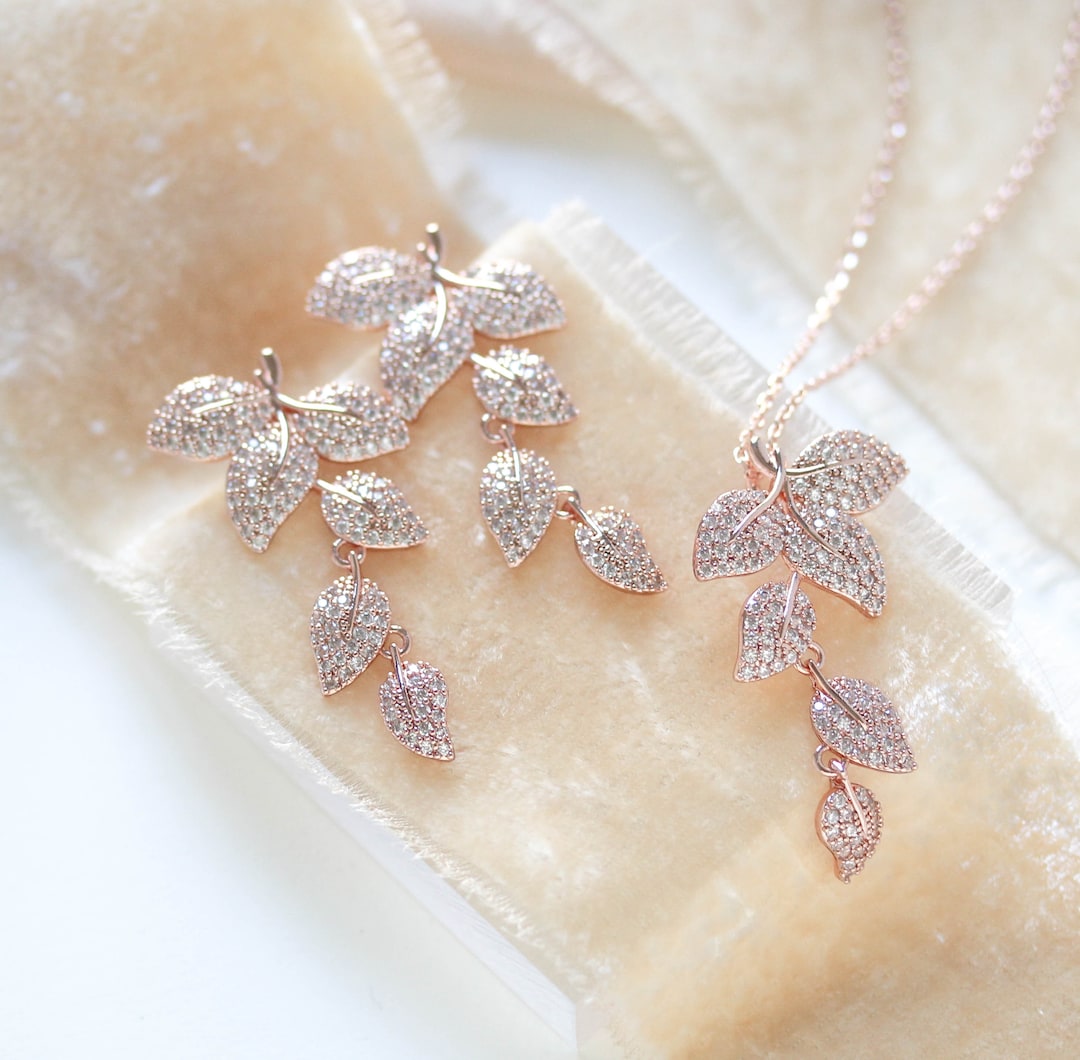 Rose Gold Bridal Jewelry Set, Rose Gold Earrings for Bride, Rose Gold ...