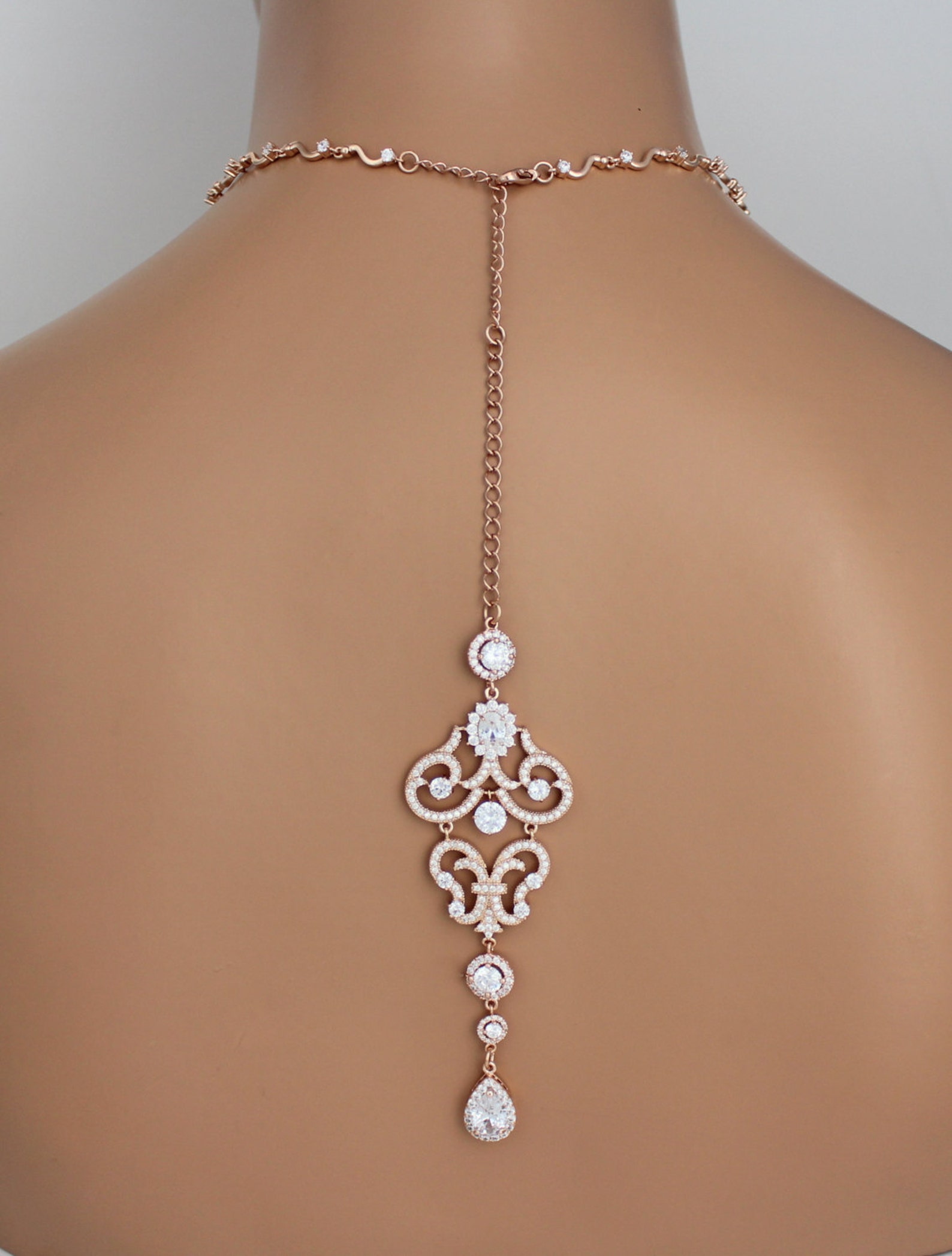 Rose Gold Backdrop Necklace Bridal Statement Necklace Wedding Etsy