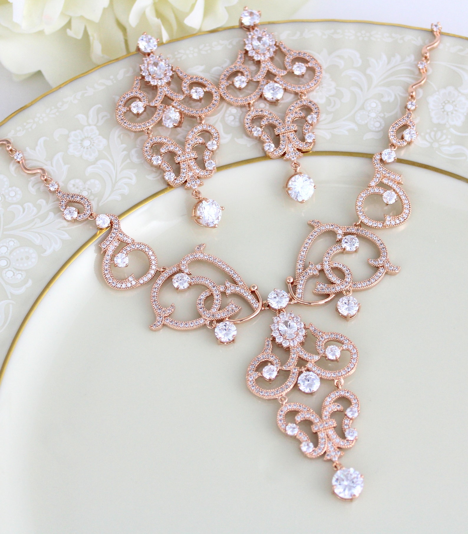 Rose Gold Necklace Set Bridal Jewelry Set Rose Gold Wedding | Etsy