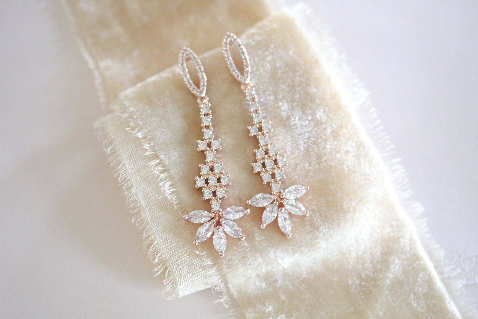 Long Rose Gold Bridal Earrings CZ Wedding Earrings Bridal - Etsy