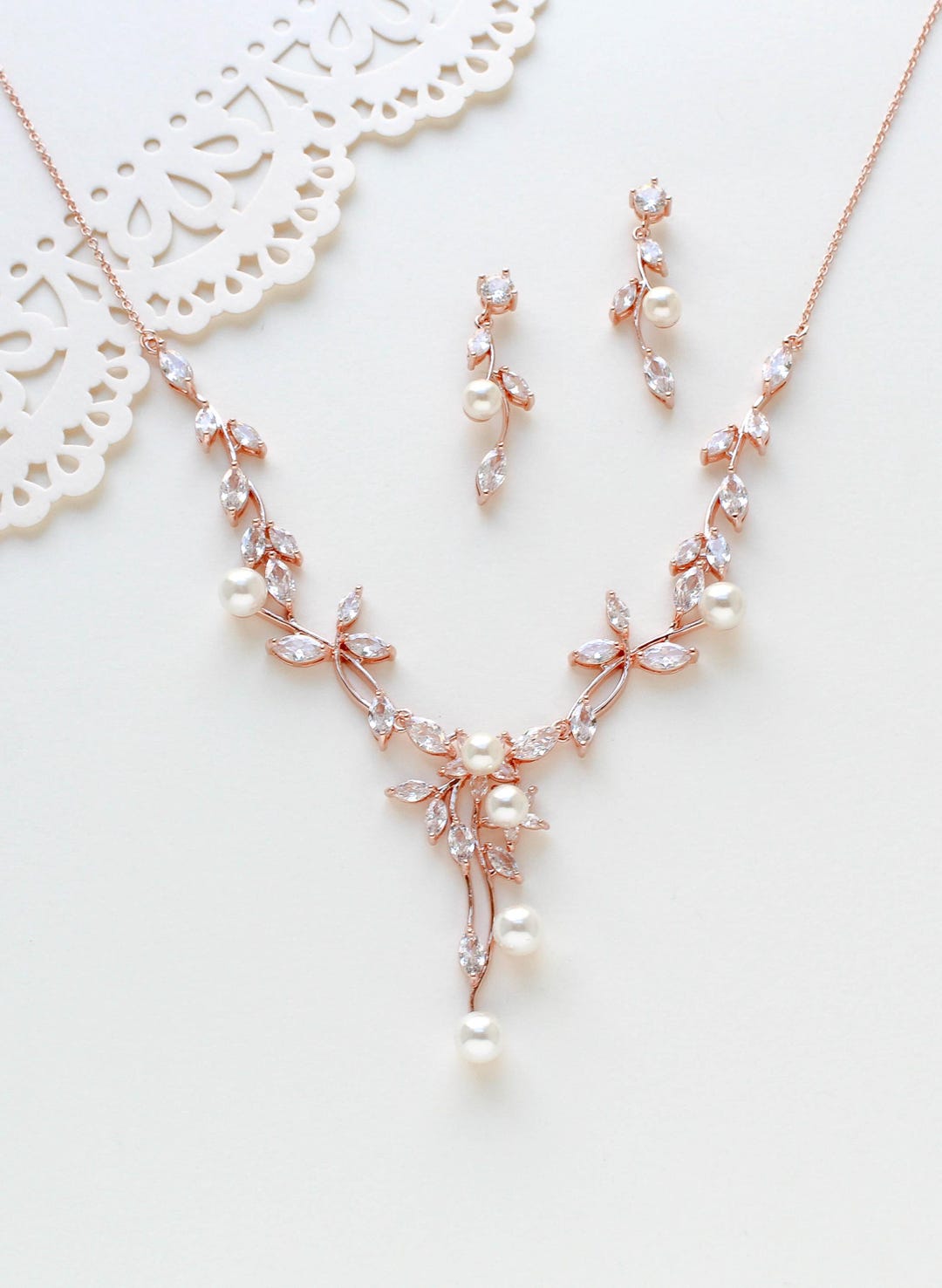 Rose Gold Bridal Necklace Set, Bridal Jewelry Set, Pearl Necklace and ...