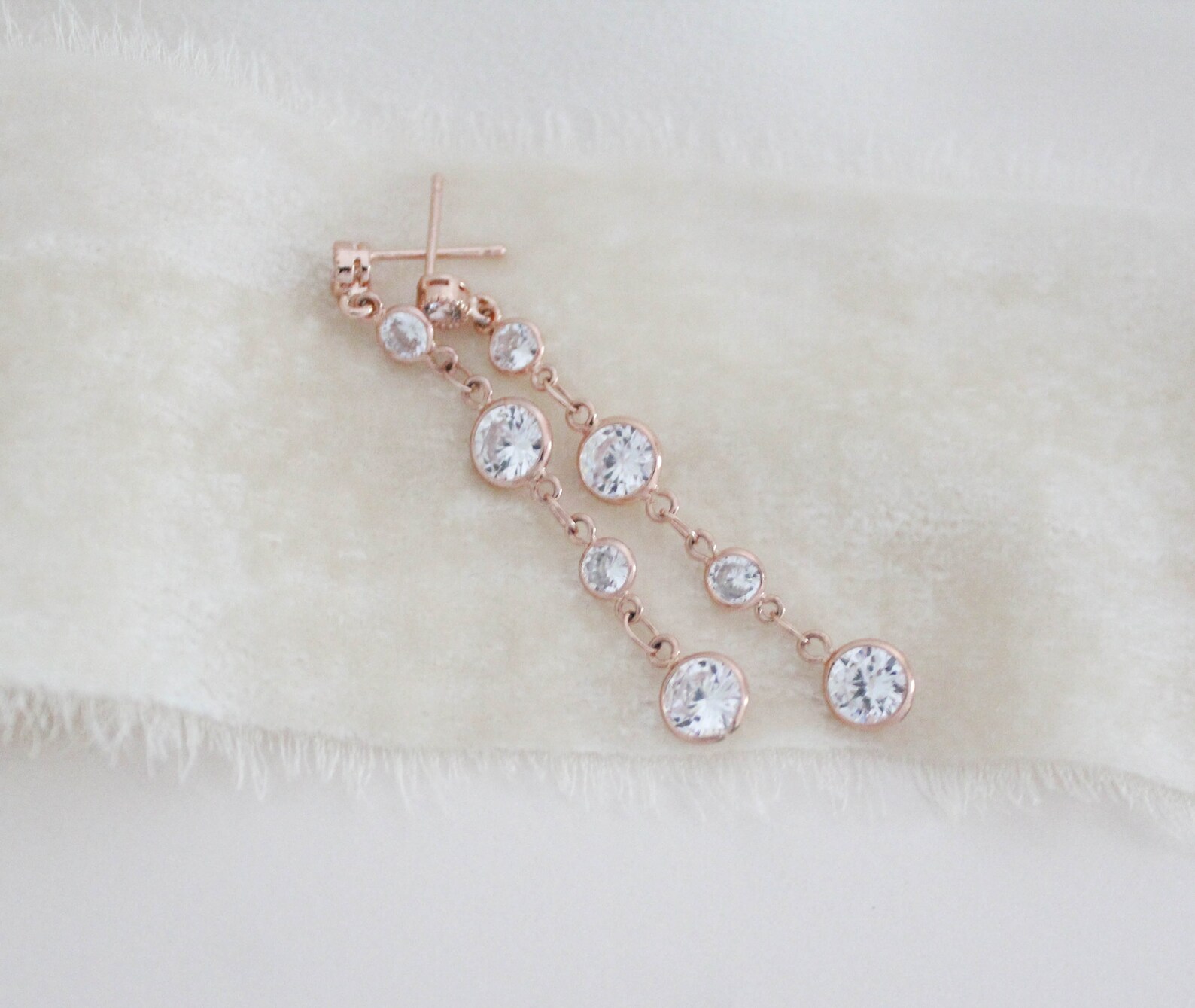 Simple Rose Gold Bridal Earrings Long Dainty Wedding Earrings | Etsy