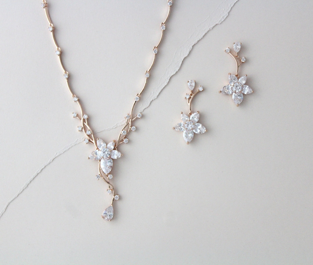 Rose Gold Bridal Necklace and Earring Set Rose Gold Leaf Necklace ...