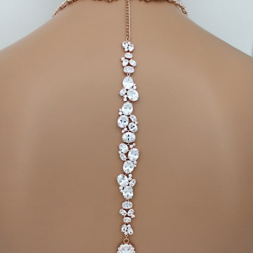Backdrop Bridal Necklace Rose Gold Wedding Necklace Crystal Etsy