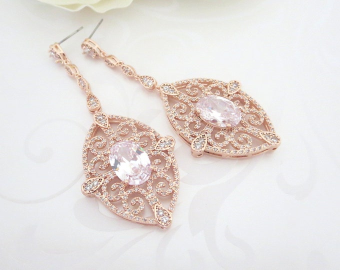 Long Rose Gold Earrings Rose Gold Bridal Earrings Crystal - Etsy