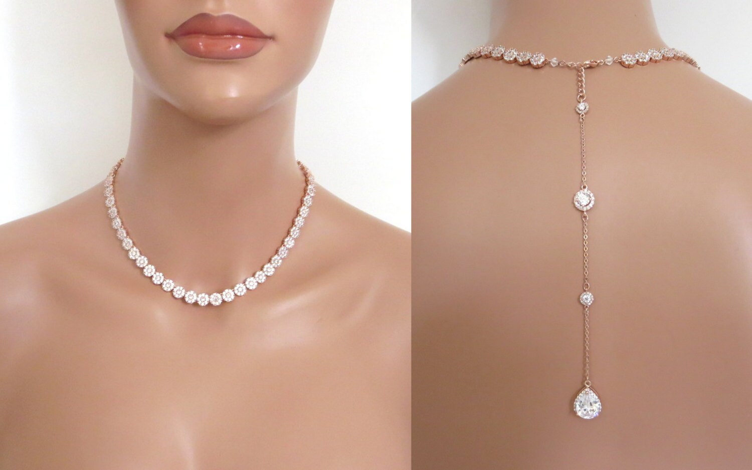 Rose Gold Backdrop necklace Bridal Back drop necklace Crystal | Etsy