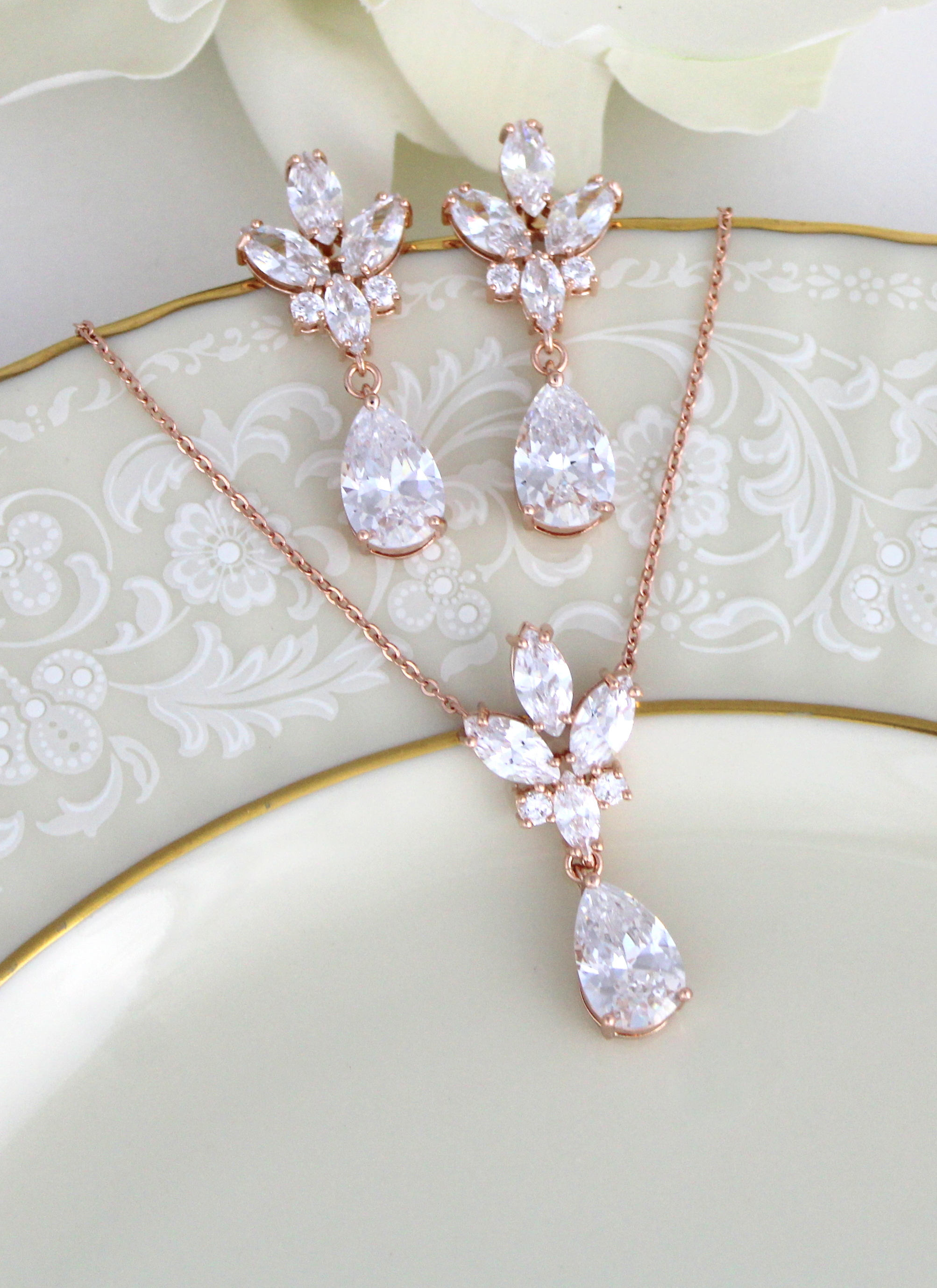 Rose gold necklace set Bridal jewelry Rose gold Bridal | Etsy