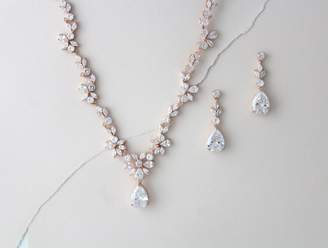 Rose Gold Necklace Set Bridal Necklace and Earring Set Wedding Jewelry ...