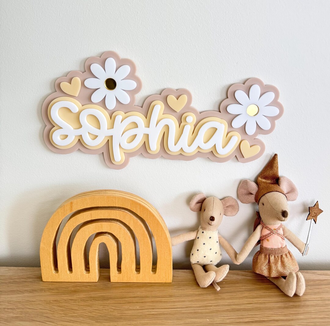 Large Acrylic Custom Name Sign Floral Personalised Name Neutral Flowers ...