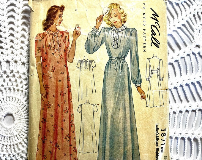 Vintage 1940's Mccall 3871 Sewing Pattern Misses' Nightgown Size SMALL ...