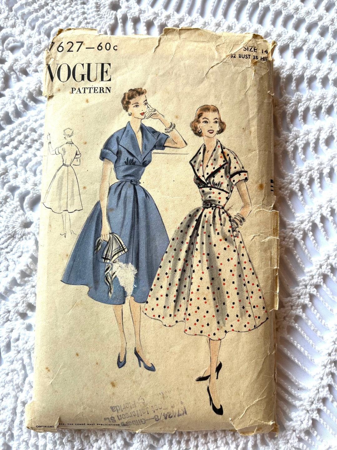 Vintage 1950's Vogue 7627 Sewing Pattern- Misses' Dress With Full Skirt ...