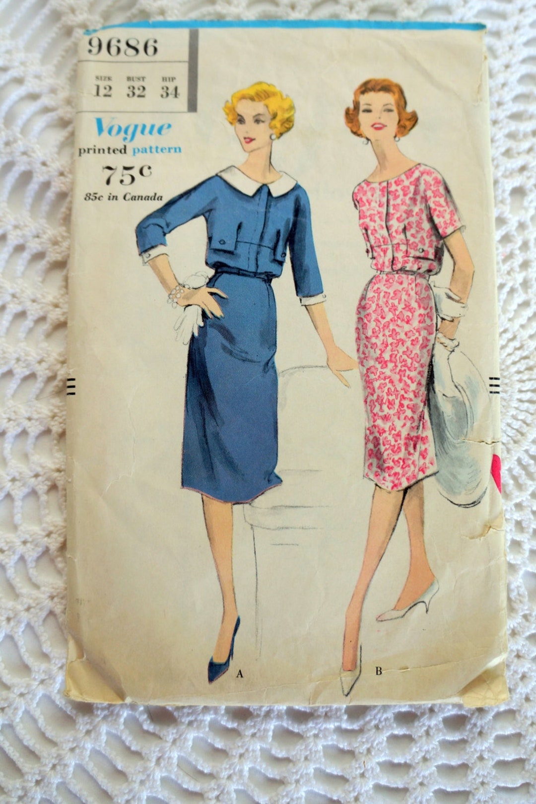 1950's Vogue 9686 Vintage Sewing Pattern- Women's Dress Size 12 Bust 32 ...