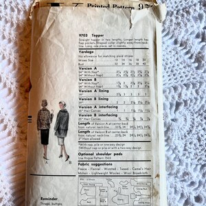 Vintage 1950's Vogue 9703 Sewing Pattern - Misses' Topper Coat Size 14 ...