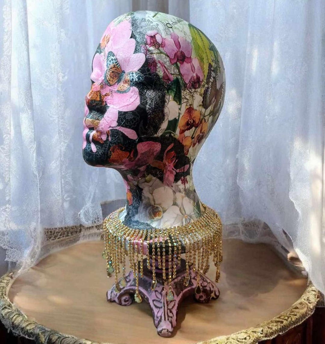Orchid Decoupaged Mannequin Head Sculpture,15"tall on a Stand,gold ...