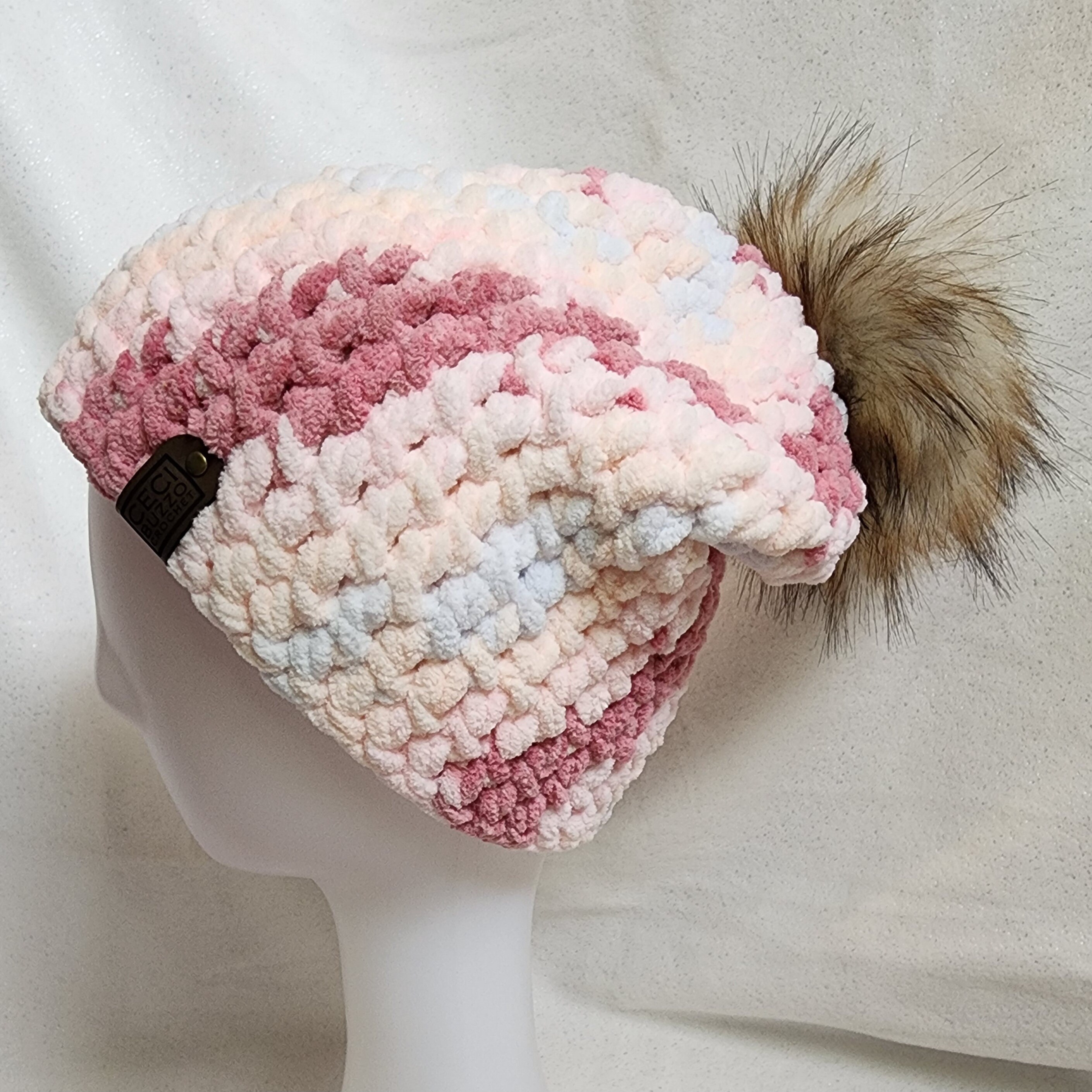 Chunky Pink Multi Slouch Crochet Hat With Tan Faux Fur Pompom - Etsy