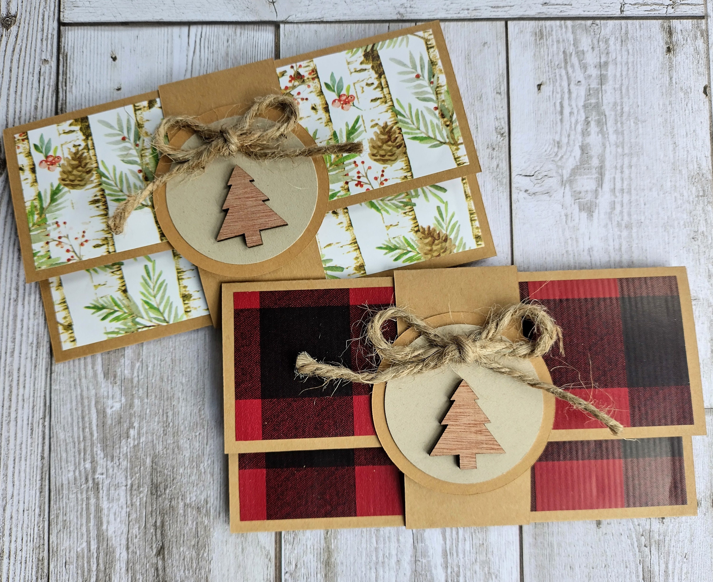 Christmas Gift Card Holders Set - Christmas Plaid, Rustic Wooden Pine ...