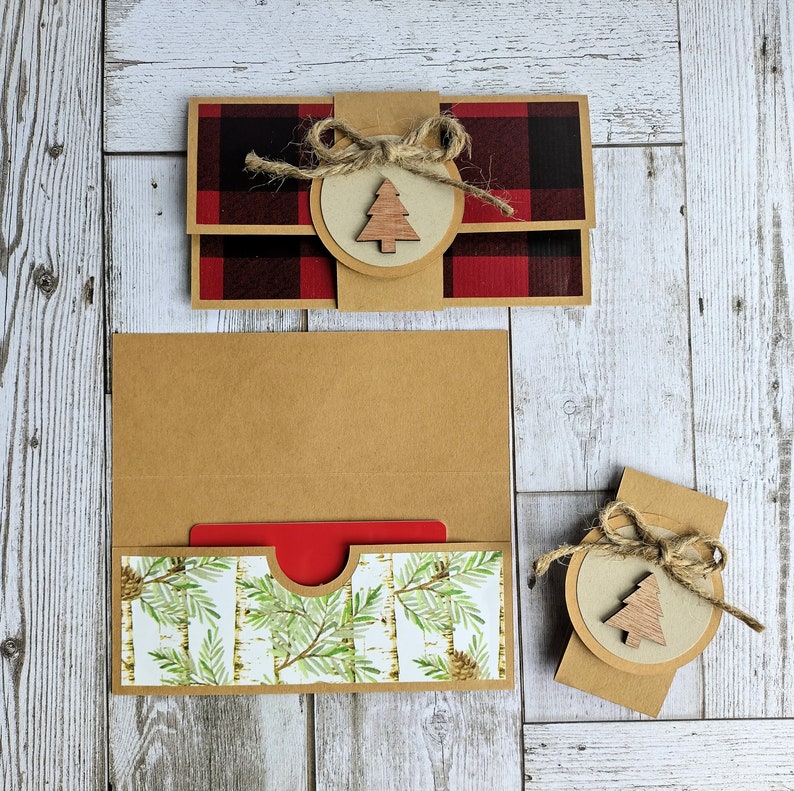 Christmas Gift Card Holders Set - Christmas Plaid, Rustic Wooden Pine ...
