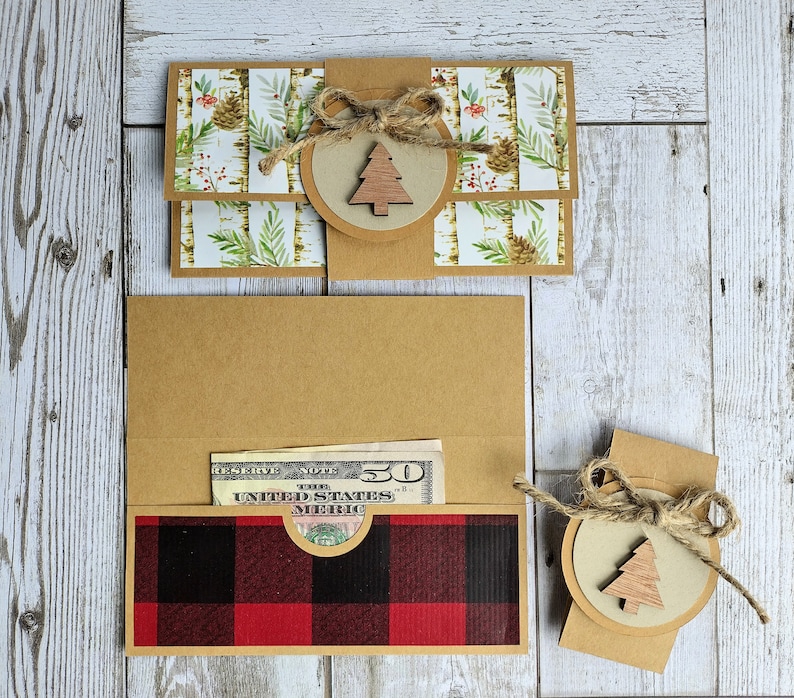 Christmas Gift Card Holders Set - Christmas Plaid, Rustic Wooden Pine ...