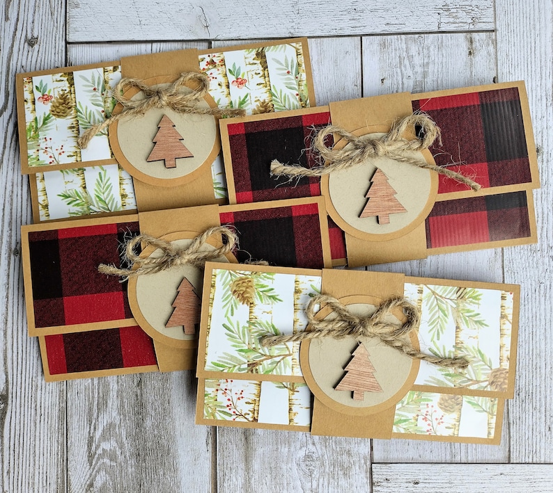 Christmas Gift Card Holders Set - Christmas Plaid, Rustic Wooden Pine ...