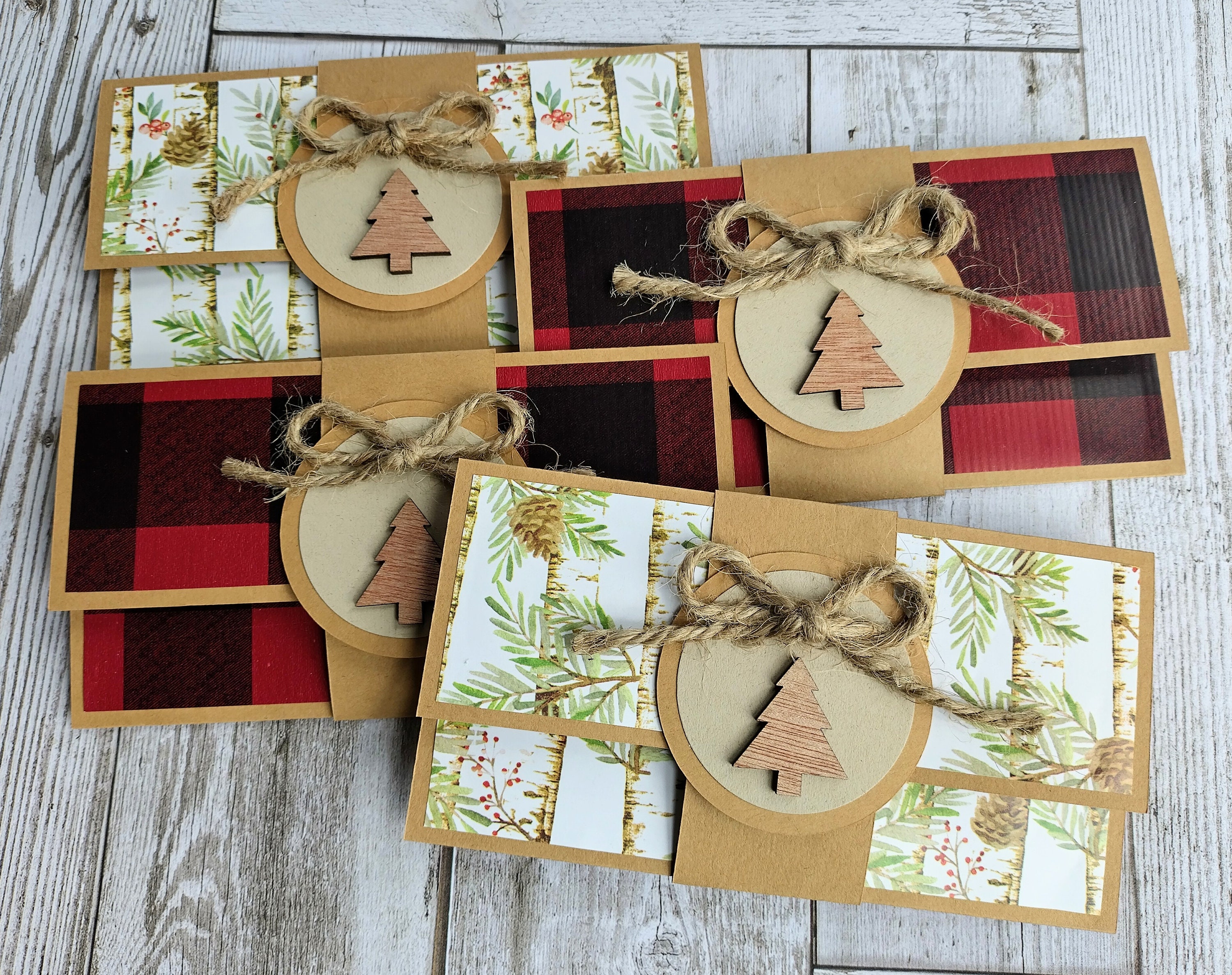 Christmas Gift Card Holders Set - Christmas Plaid, Rustic Wooden Pine ...