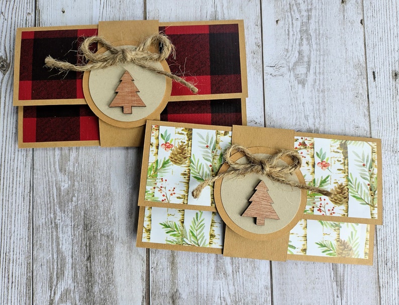 Christmas Gift Card Holders Set - Christmas Plaid, Rustic Wooden Pine ...