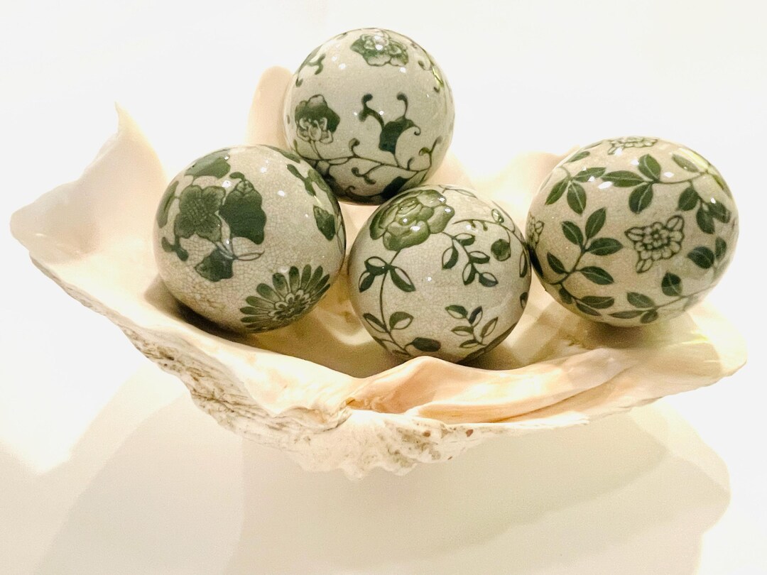 Chinoiserie Modern Four Porcelain Balls Decorative Green Flowers on ...