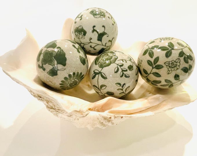 Chinoiserie Modern Four Porcelain Balls Decorative Green Flowers on ...